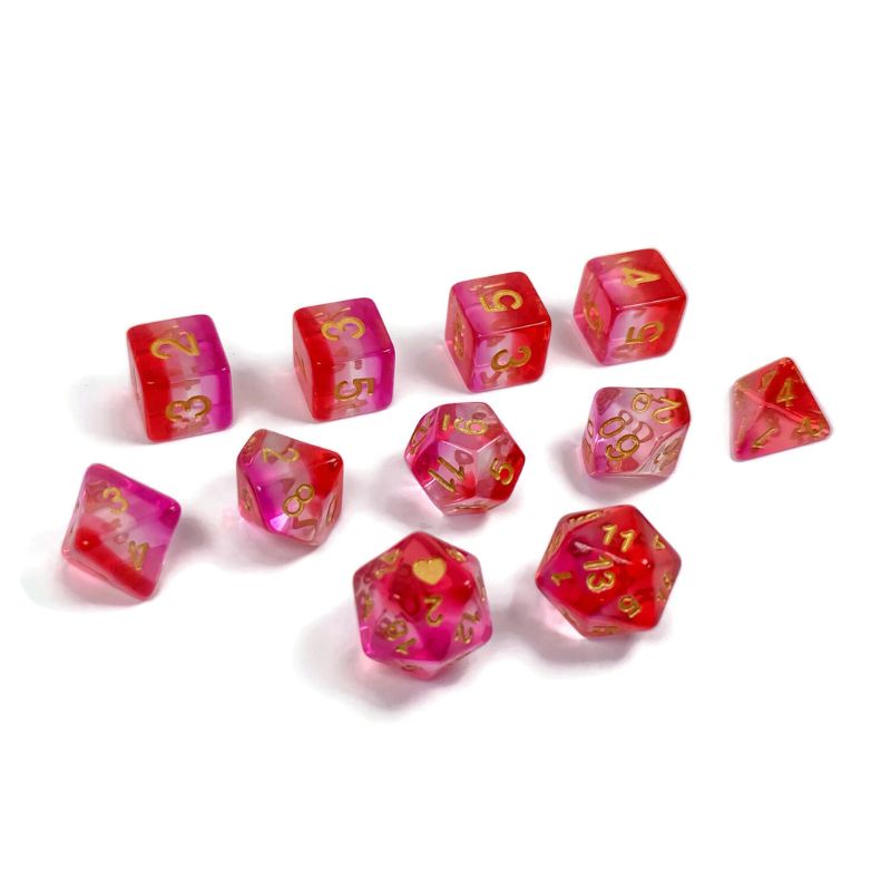 HeartBeat Dice - Translucent Lesbian Pride 11-Piece RPG Set – Opal Grove Games